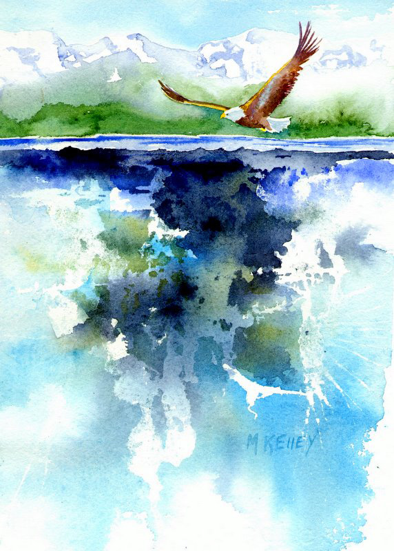 EAGLE OVER WATER - Original Alaskan Watercolors